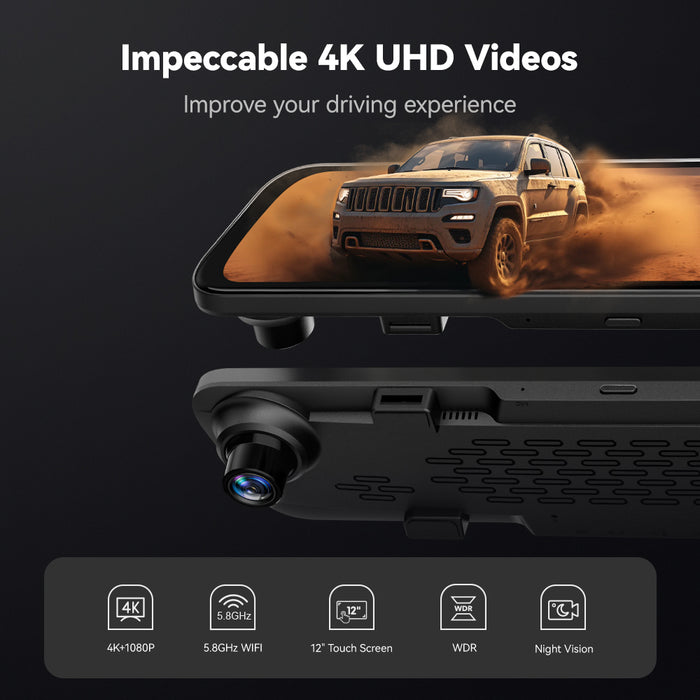 WOLFBOX G840S 12″ 4K Mirror Dash Cam 2160P Full HD Smart Rear View Cam